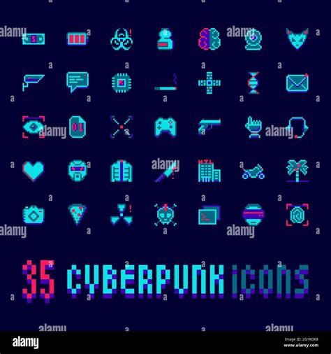 Cyberpunk Pixel Art Vector Icons Set 35 Neon Futuristic Elements High
