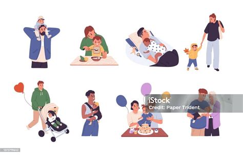 유치원 아이들이 있는 가족 행복한 부모와 자녀 어머니 아버지 아기 엄마 아들 딸과 함께 아빠 흰색 배경에 격리된 플랫 그래픽 벡터 일러스트레이션 유아에 대한 스톡 벡터 아트