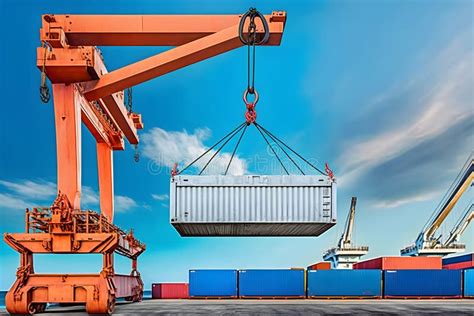The Container Vessel During Loading At An Industrial Port By Port Crane