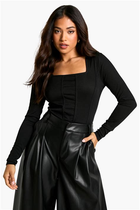 Tops Petite Rib Corset Bodysuit Boohoo