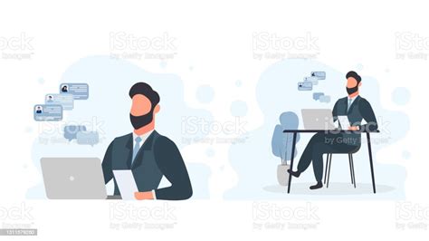 한 남자가 노트북에서 일합니다 남자는 노트북과 테이블에 앉아있다 플랫 스타일 이미지 작업 사무실 직원 고용에 적합합니다 벡터 일러스트레이션 3차원 형태에 대한 스톡 벡터