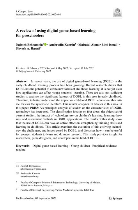 Pdf A Review Of Using Digital Game Based Learning For Preschoolers