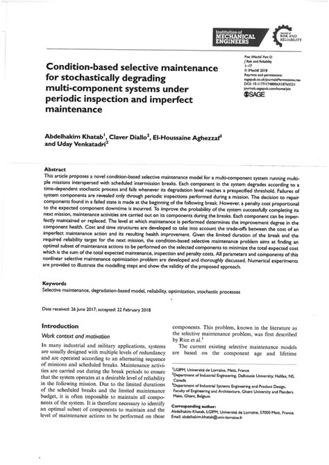 Pdf Condition Based Selective Maintenance For Stochastically