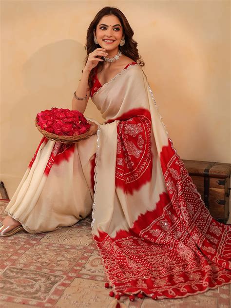 Cream Printed Silk Saree With Aabla Highlights G3 Wsa60382
