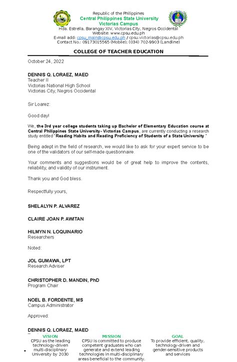 Cpsu Bed Research Validation Letters For Reading Habits And Flexible