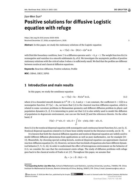 Pdf Positive Solutions For Diffusive Logistic Equation With Refuge