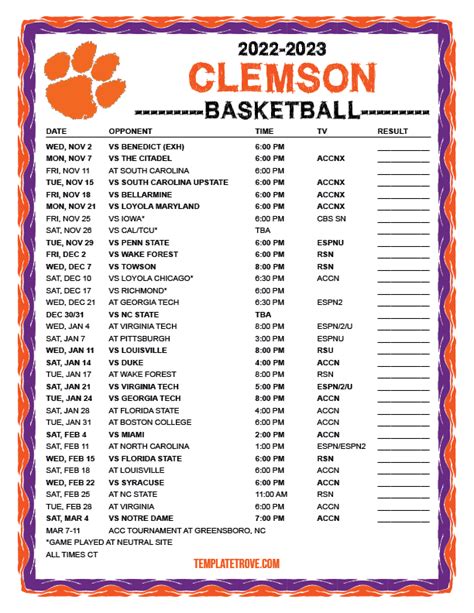 Printable 2022 2023 Clemson Tigers Basketball Schedule