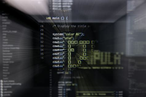 진짜 C C 코드 화면을 개발입니다 프로그래밍 워크플로 추상 알고리즘 개념입니다 확대경 Moviment 효과 표시 하는 C C 코드의 라인 데이터에 대한 스톡 사진 및 기타