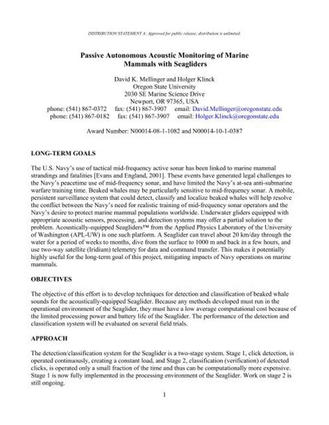 Passive Autonomous Acoustic Monitoring Of Marine Mammals With