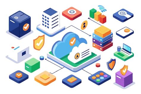 Isometric Illustration Depicting Cloud Computing With Various Security Features And Data Storage