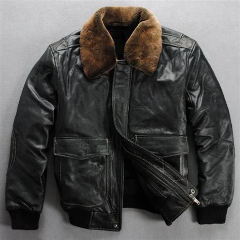 Buy Winter Leather Jacket Men Real Fur Collar Leather Bomber Jacket Men Black