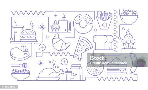 패스트 푸드 관련 라인 배너 디자인 피자 핫도그 도넛 길거리 음식 타코 도넛에 대한 스톡 벡터 아트 및 기타 이미지 도넛