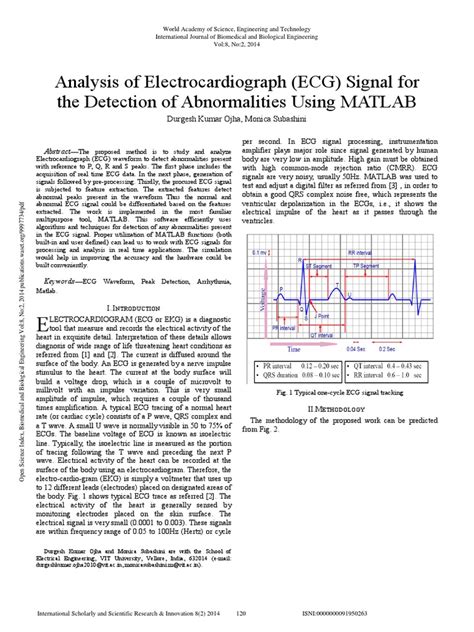 Analysis Of Electrocardiograph Ecg Signal For The Detection Of Abnormalities Using Matlab Pdf