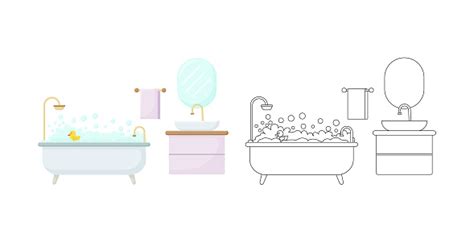 욕실 색칠 선형 벡터 욕실 가구 배치와 화장실의 계획 윤곽선 스타일로 그림입니다 벡터 일러스트레이션 개수대에 대한 스톡 벡터 아트 및 기타 이미지 Istock