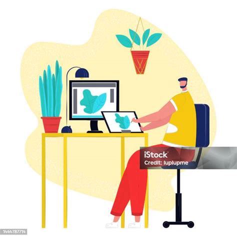 전문 창조적 인 웹 디자이너 드로잉 아트 이미지 남성 캐릭터 작업 개인용 컴퓨터 및 태블릿 평면 벡터 일러스트 레이션 흰색으로 격리 개발에 대한 스톡 벡터 아트 및 기타