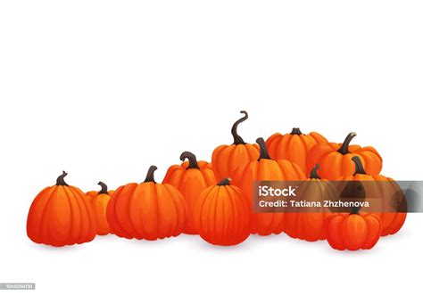 수평 벡터 배너 테두리 또는 프레임 디자인 다른 모양 및 크기 흰색 배경에 고립의 오렌지 호박의 더미 할로윈 추수 감사절가 서식 파일 벡터에 대한 스톡 벡터 아트 및 기타
