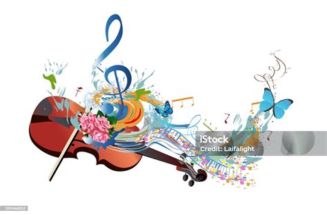 바이올린과 화려한 스플래시 노트와 파도와 추상적 인 음악 디자인 수채화에 대한 스톡 벡터 아트 및 기타 이미지 수채화