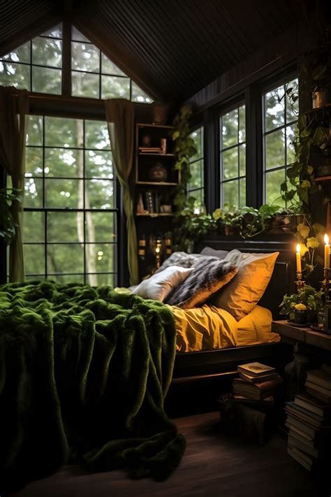 Dark Cottagecore Bedroom With Black Walls Green Ceiling Witchy Academia Colorized Romance