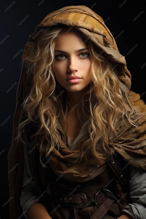 Premium Ai Image A Woman With Long Hair Wearing A Gold Scarf