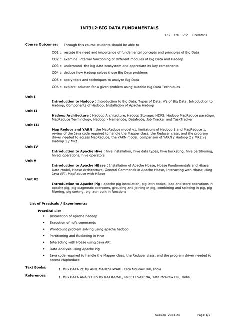 Big Data Syllabus Int312big Data Fundamentals Course Outcomes Co1
