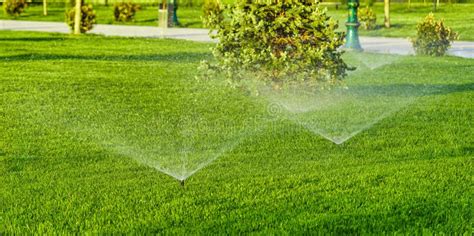 Automatic Lawn Watering System Watering The Young Green Lawn Grass In The Park Stock Image