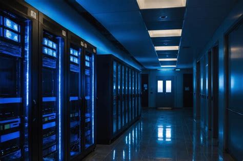 Blue Lit Server Room Corridor Premium Ai Generated Image