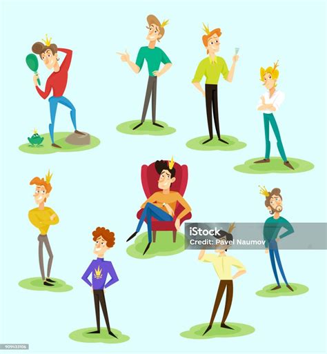 현대 프린스 설정 다른 상황 벡터 일러스트 레이 션에 포즈 하는 그의 머리에 황금 왕관과 함께 재미 있는 젊은 남자 캐릭터