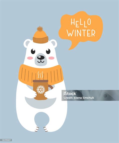 파란색 배경에 뜨거운 차 한 잔과 따뜻한 모자에 귀여운 흰색 북극곰 겨울에 대한 스톡 벡터 아트 및 기타 이미지 겨울 커피잔 Hello Winter Saying