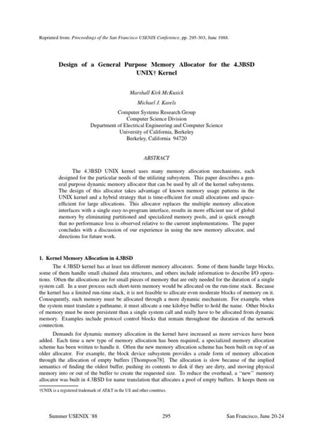 design of a general purpose memory allocator for the 4 3bsd unix kernel marshall kirk mckusick