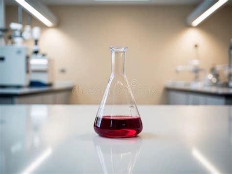 Laboratory Flask With Red Liquid On A Table In A Science Lab Stock