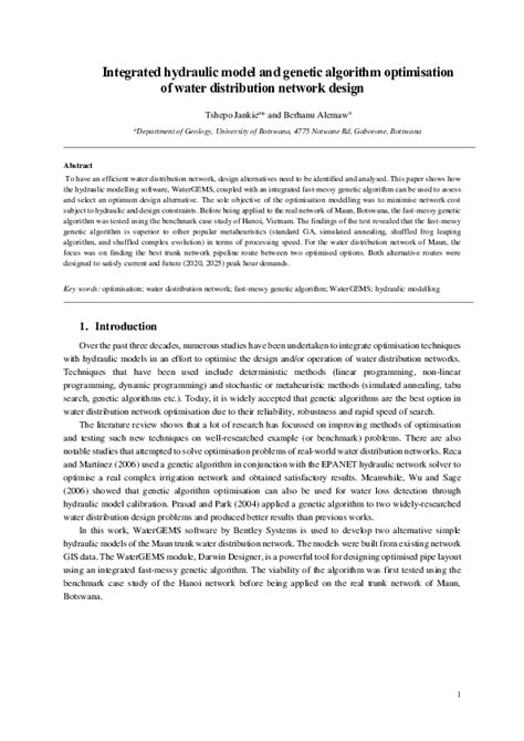 Pdf Integrated Hydraulic Model And Genetic Algorithm Optimisation Of Water Distribution