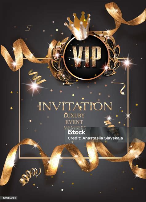 곱슬 골드 반짝이 리본 빈티지 요소와 Vip 초대 카드 벡터 일러스트 레이 션 기념일에 대한 스톡 벡터 아트 및 기타 이미지