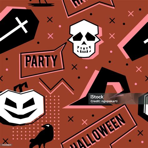 유령 두개골 거미줄 공포 까마귀의 트렌디 한 기하학적 스타일과 벡터 유행 할로윈 원활한 패턴 패션 예술 인쇄 준비 10월에 대한 스톡 벡터 아트 및 기타 이미지 Istock