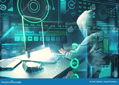 Hacker At Desktop Using Laptop With Abstract Glowing Digital Business