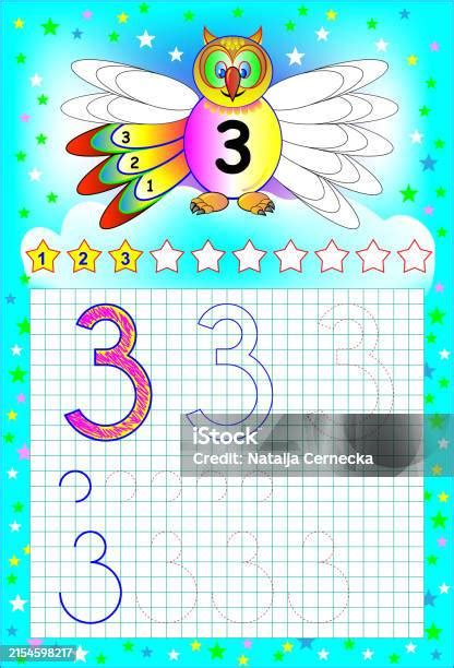 3번 어린이를 위한 교육 페이지입니다 숫자 세기와 쓰기 기술 개발 벡터 이미지입니다 0명에 대한 스톡 벡터 아트 및 기타 이미지 0명 공부 교습 Istock
