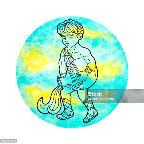 물병자리 점성술 점성술 별자리 기호 로고 아이콘 디자인 에어 엘리먼트 컬러 아트 배경 수채화 만화 그림 그림 개념에 대한 스톡