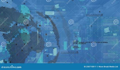 Animation Of Digital Interface And Data Processing Over World Map On Blue Background Stock Video