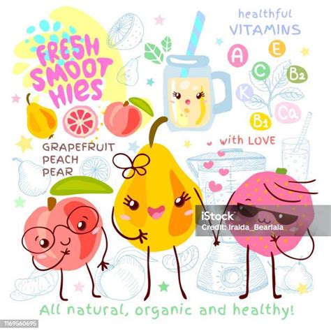 신선한 스무디 레시피 귀여운 가와이이 캐릭터 과일 성분 유리 항아리 비타민 재미 있는 스타일 복숭아 자몽 배 스무디 녹색 잎 민트 손으로 그린 벡터 그림입니다 0명에 대한