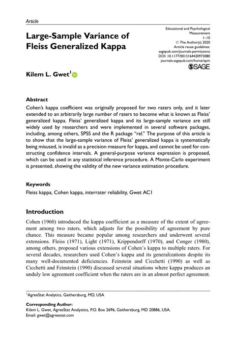 Pdf Article Large Sample Variance Of Fleiss Generalized Kappa