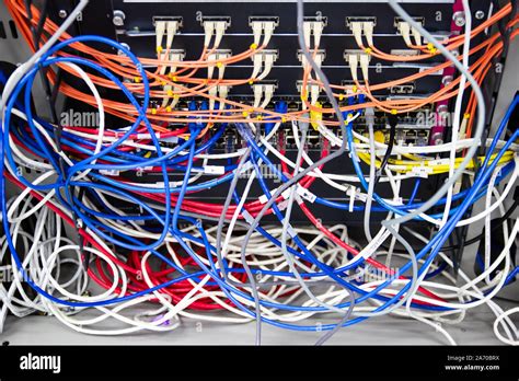 Cable Network In Server Room Cable Tangled Of Poorly Routed Cables Concept Organized Cabling In