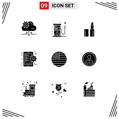 9 User Interface Solid Glyph Pack Of Modern Signs And Symbols Of Usa Flag Lipstick American