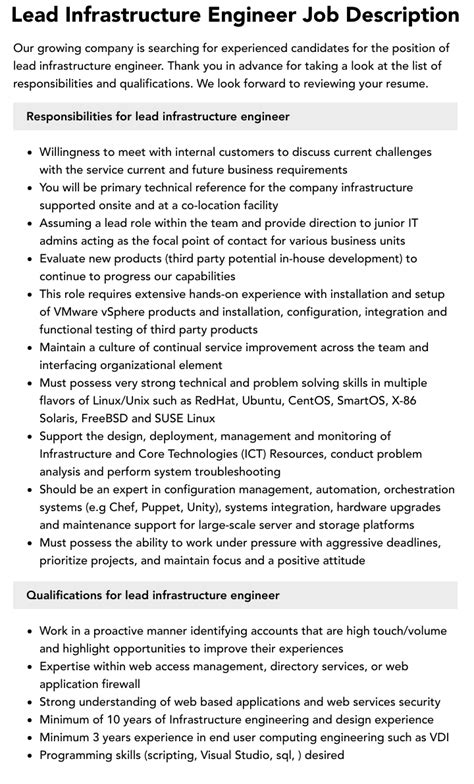 Lead Infrastructure Engineer Job Description Velvet Jobs
