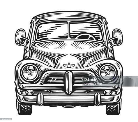 복고풍 자동차 정면도 빈티지 육상 운송 손으로 그린 스케치 벡터 일러스트 레이 션 차에 대한 스톡 벡터 아트 및 기타 이미지
