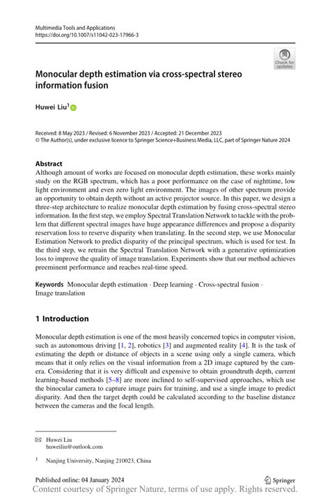 Monocular Depth Estimation Via Cross Spectral Stereo Information Fusion