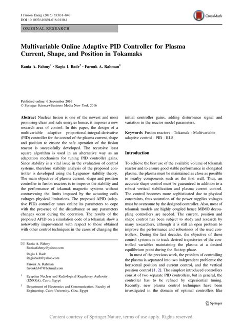 Multivariable Online Adaptive Pid Controller For Plasma Current Shape