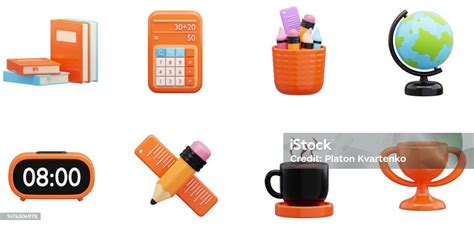 3d 학교 용품 세트 책 지구 지구 알람 시계 커피 컵 트로피 연필과 통치자 계산기 교육 연구 문구 항목 Ux Ui 웹 디자인 요소 3d 렌더링 그림 Stem 주제에 대한