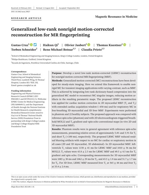 Pdf Generalized Low‐rank Nonrigid Motion‐corrected Reconstruction For Mr Fingerprinting