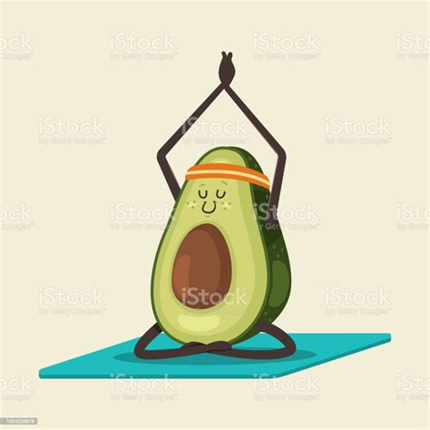 요가 포즈에 귀여운 아보카도입니다 재미 있는 벡터 만화 과일 문자 배경에 고립 건강 한 식습관 및 피트 니스 유머에 대한 스톡 벡터 아트 및 기타 이미지 Istock