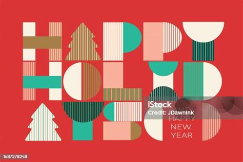해피 홀리데이와 새해 복 많이 받으세요 인사말 추상 기하학적 모자이크 인사말 카드 플랫 디자인 템플릿 나무 줄무늬 모자이크에 대한 스톡 벡터 아트 및 기타 이미지 Istock