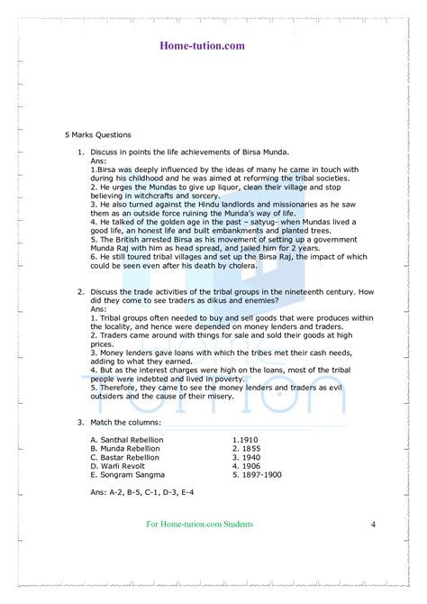 Important Subjective Questions For Cbse Class 8 Sst History Chapter 4 Tribals Dikus And The